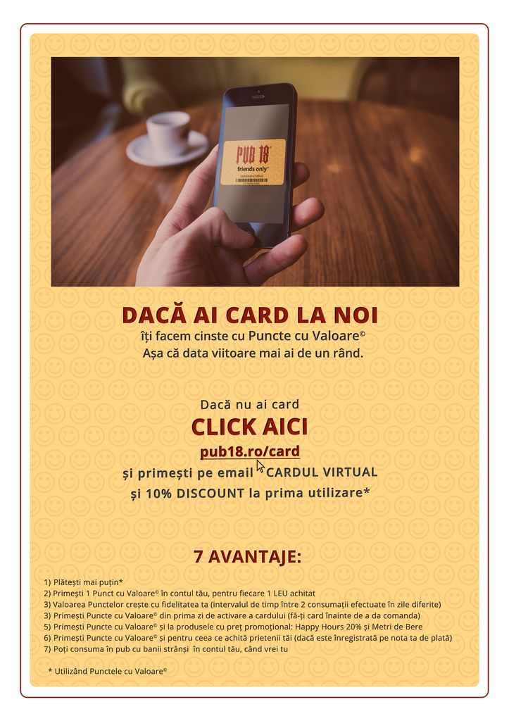 Meniu cu bauturi (bere, vin, suc, etc.) din barul PUB18