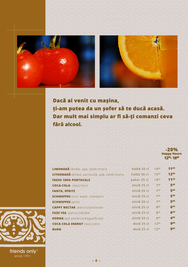 Meniu cu bauturi (bere, vin, suc, etc.) din barul PUB18